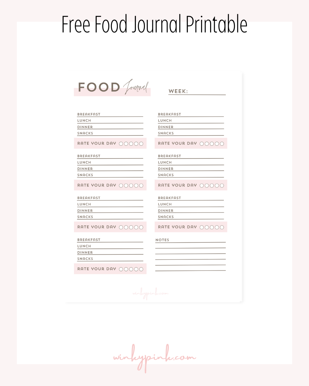 Free Weekly Food Journal Printable - Winky Pink